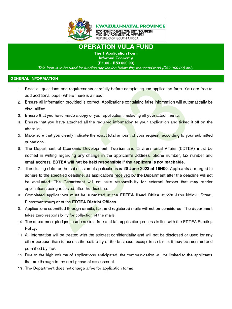 Operation Vula Fund Application Form | PDF | Business | Law