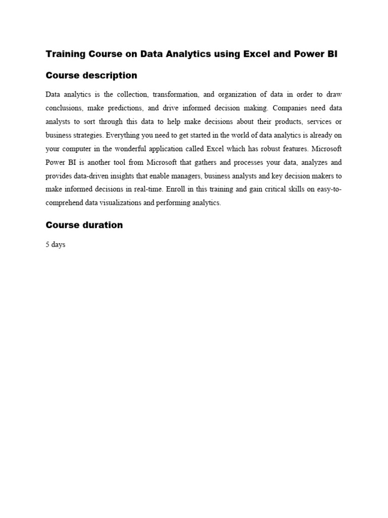 Training Course On Data Analytics Using Excel and Power BI | PDF