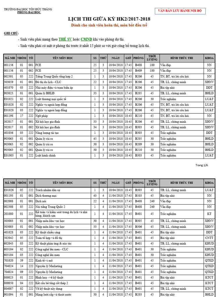 (CHINH THUC) Lich Thi Giua Ky HK2-1718 - Hoan Thi | PDF