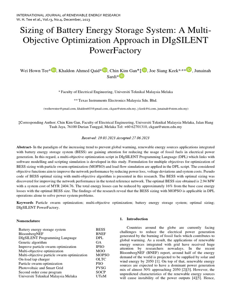 Sizing of Battery Energy Storage System: A Multi-Objective Optimization Approach in Digsilent ...