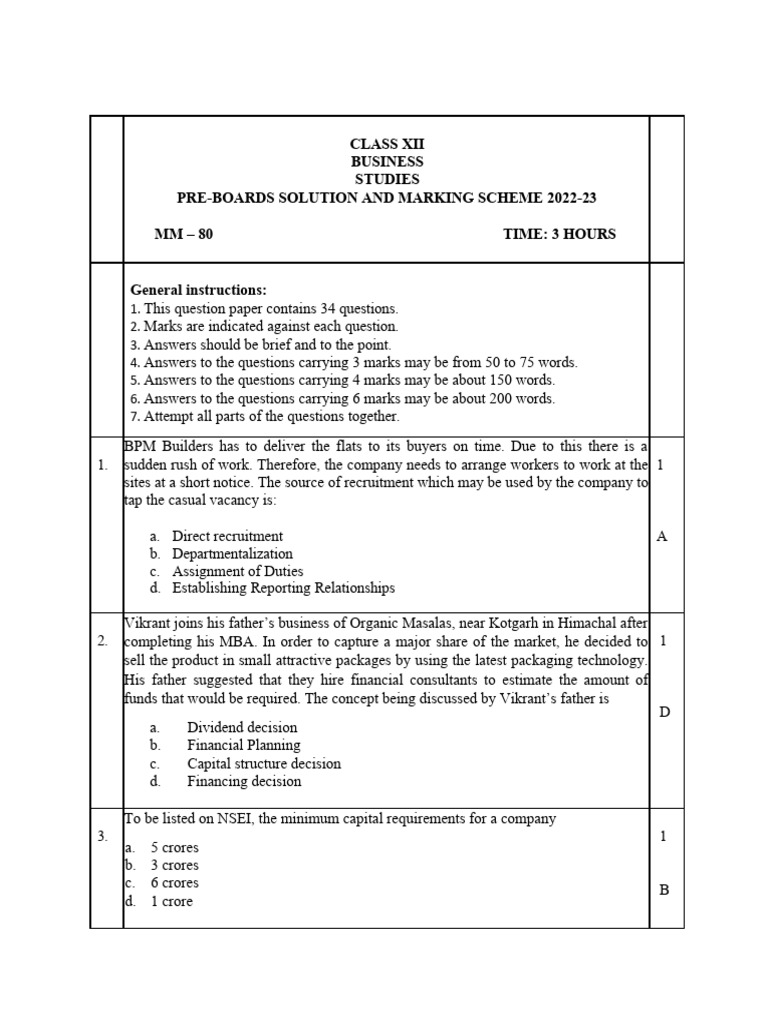 Grade XII - BST - Pre-Boards1 - Solution | PDF | Economies | Business