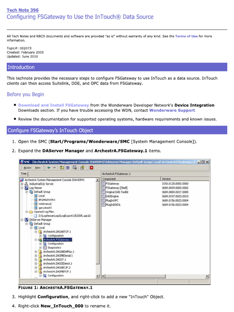 Tech Note 396 - Configure FSGateway to use InTouch Data Source | PDF