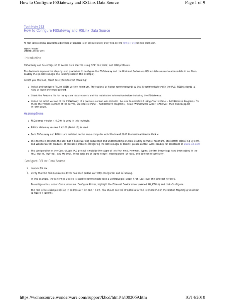 Tech Note 392 Configure Fsgateway To Rslinx Pdf Programmable 6900
