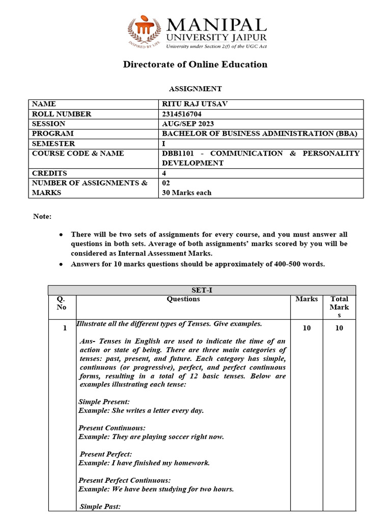 Assignment - DBB1101 - BBA 1 - Set1 and 2 - Aug-Sep - 2023 | PDF | Leadership | Grammatical Tense