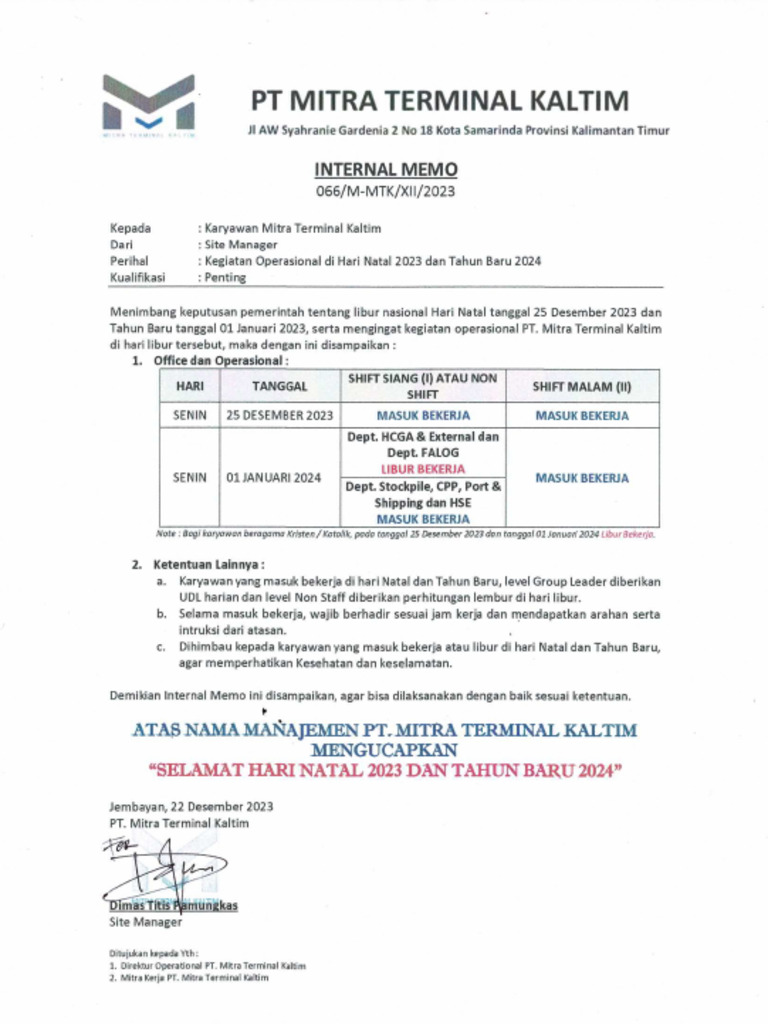 Internal Memo - Kegiatan Operasional Di Hari Natal 2023 Dan Tahun Baru ...