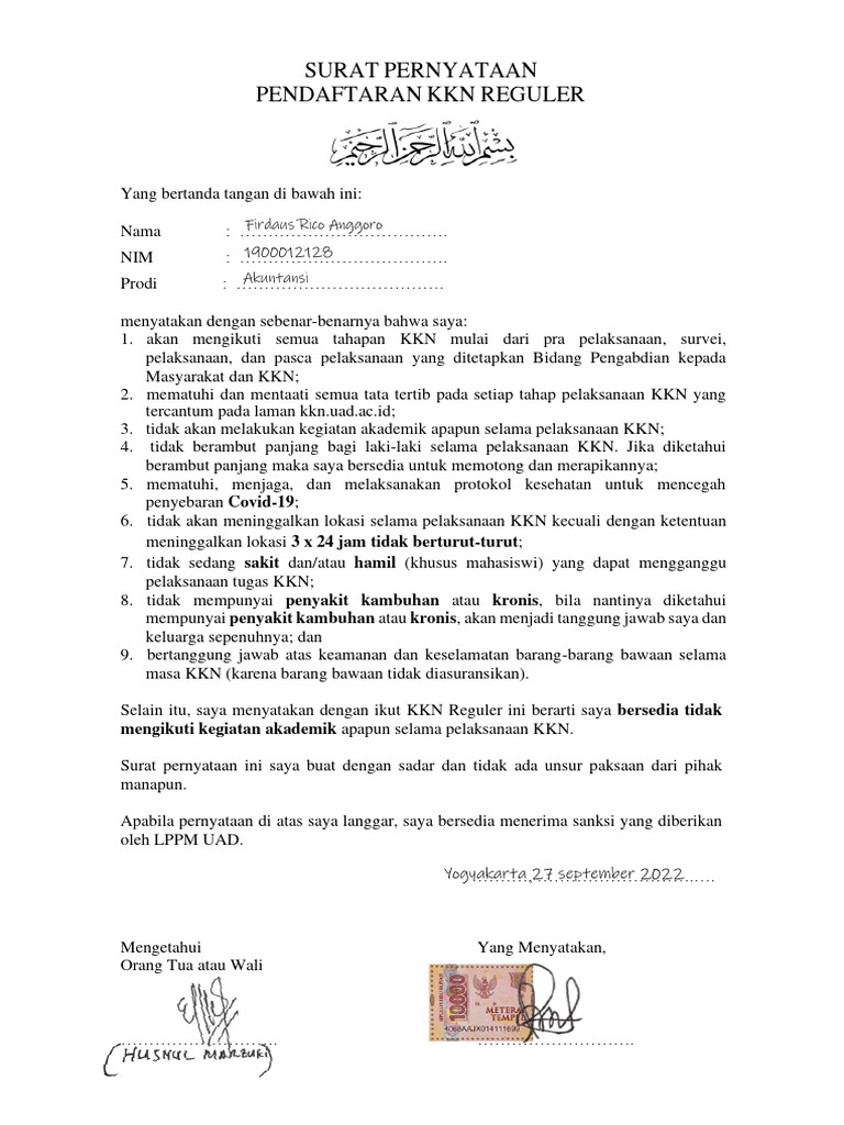 Surat Pernyataan Lampiran Formulir2 KKN REGULER R1 2022 | PDF