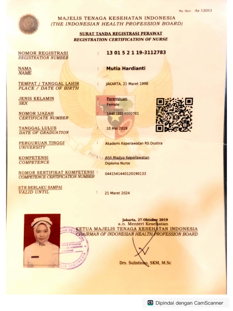 Surat Tanda Registrasi Perawat Mutia | PDF
