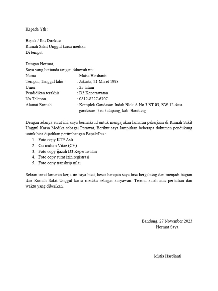 Surat Lamaran Kerja Karsa Medika Mutia R1 | PDF