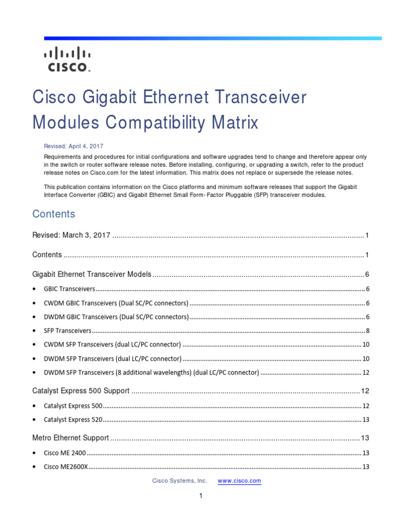 Cisco Gigabit Ethernet Transceiver Modules Compatibility Matrix | PDF | Wavelength Division ...