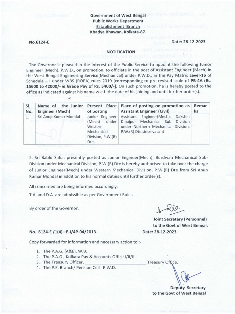 West Bengal PWD Engineer Promotions | PDF