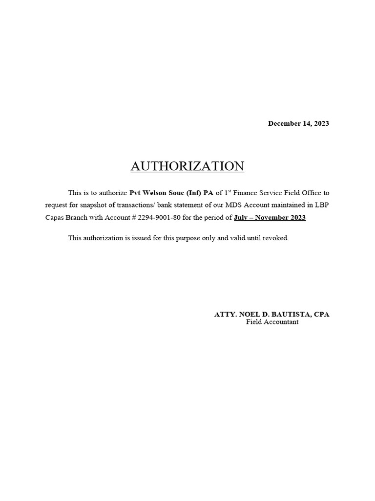 Authorization Letter for Bank Statement | PDF