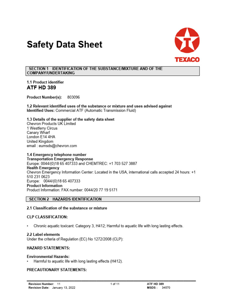 SDS - Atf HD 389 | PDF | Environmental Science | Labor Relations