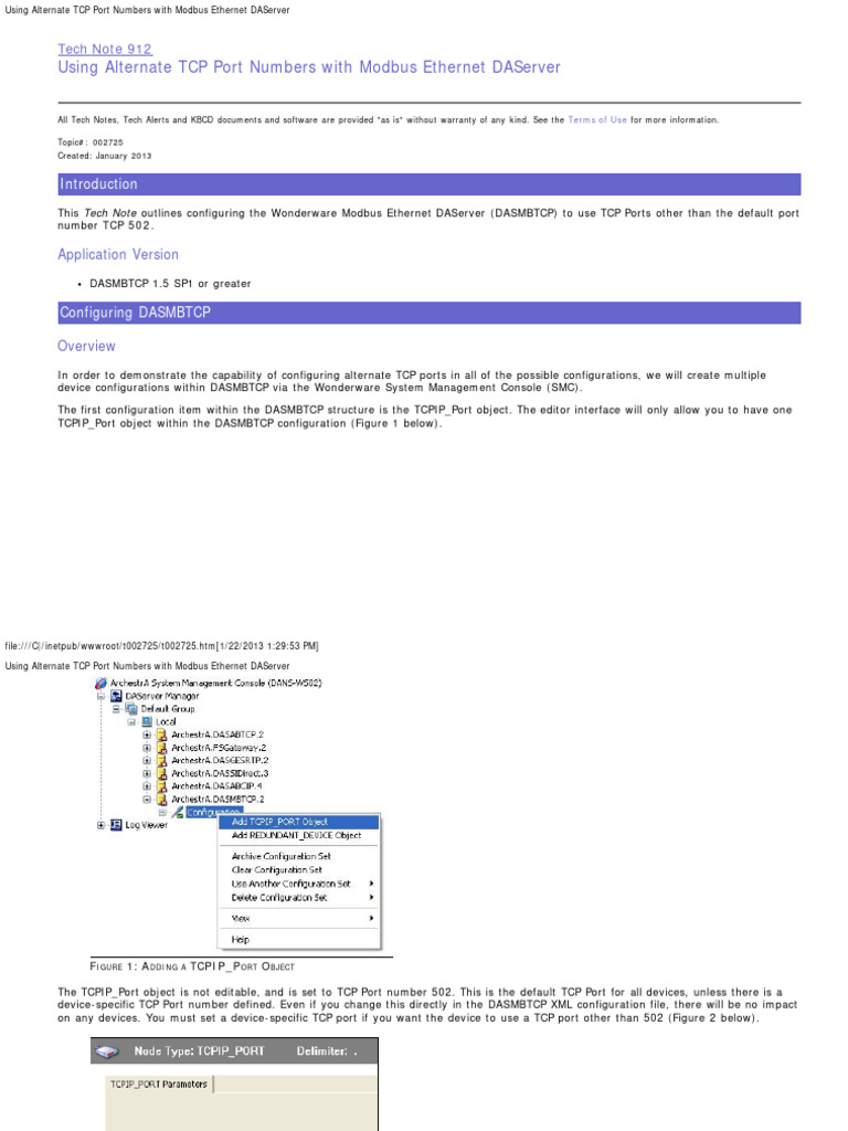 Tech Note 912 Using Alternate Tcp Port Numbers With Modbus Ethernet Daserver Pdf Microsoft