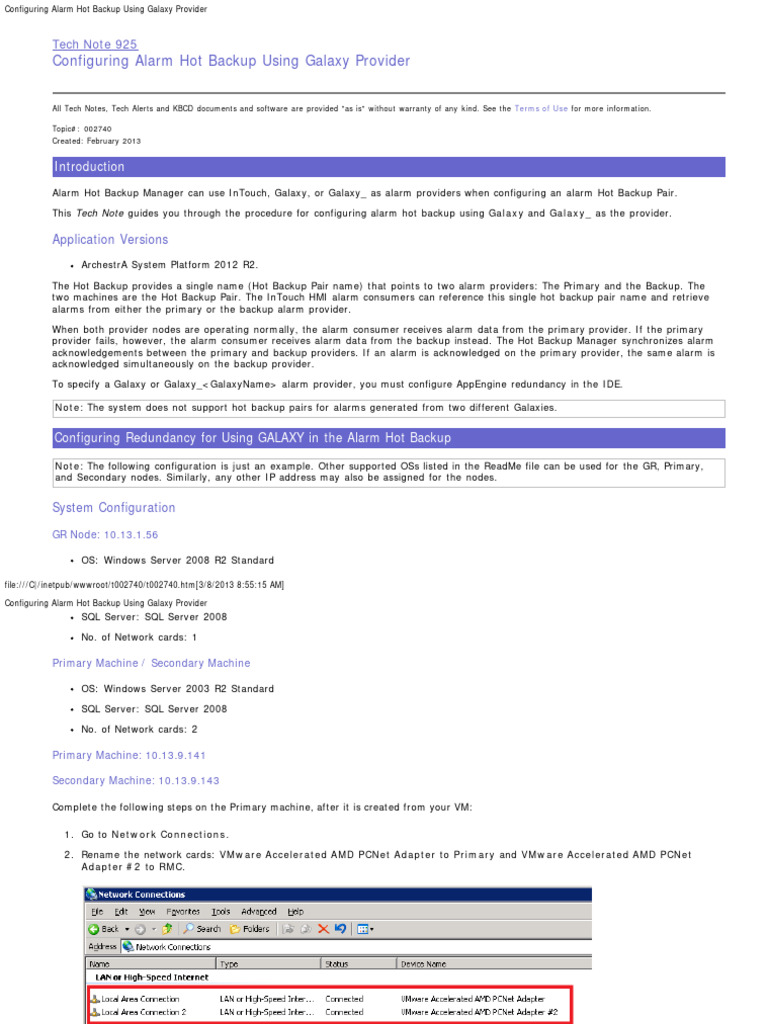 Tech Note 925 - Configuring Alarm Hot Backup Using Galaxy Provider ...