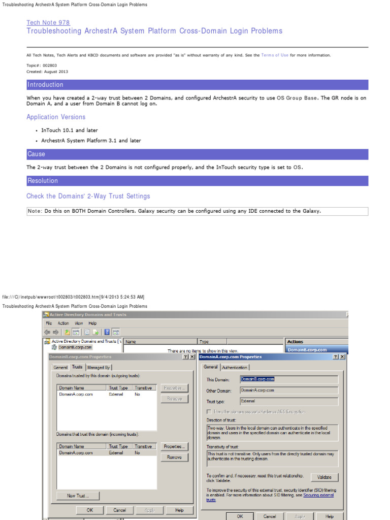 Tech Note 978 - Troubleshooting ArchestrA System Platform Cross-Domain Login Problems | PDF