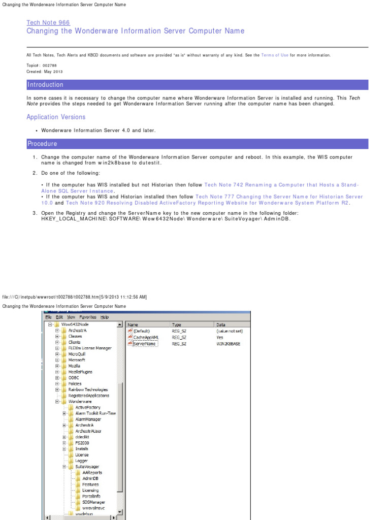 Tech Note 966 - Changing The Wonderware Information Server Computer Name | PDF | Server ...