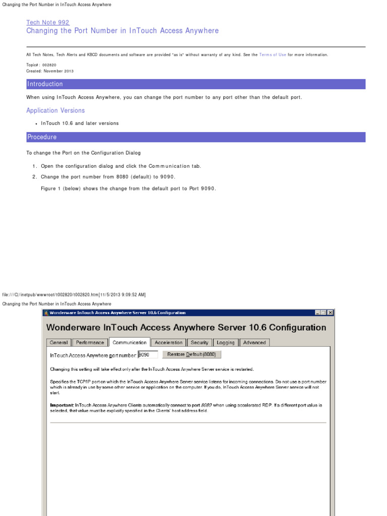 Tech Note 992 - Changing The Port Number in InTouch Access Anywhere | PDF | Web Server ...