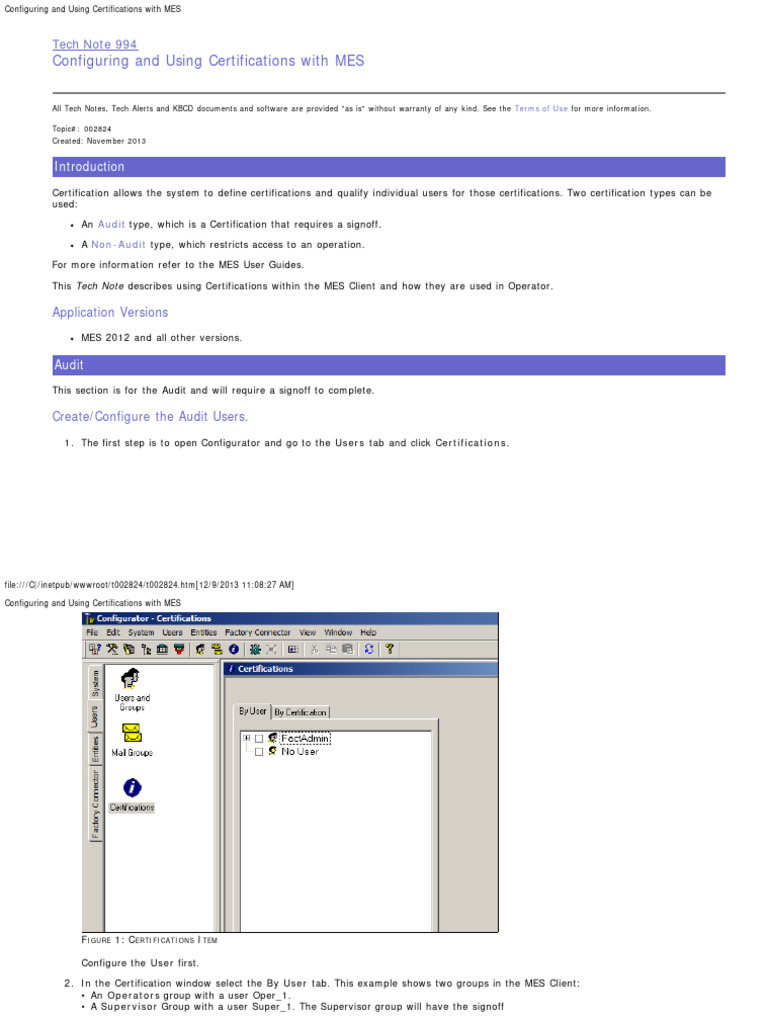Tech Note 994 - Configuring and Using Certifications With MES | PDF | Login | Computing