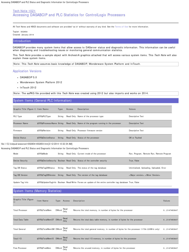 Tech Note 1021 - Accessing DASABCIP and PLC Statistics For ControlLogix Processors | PDF ...