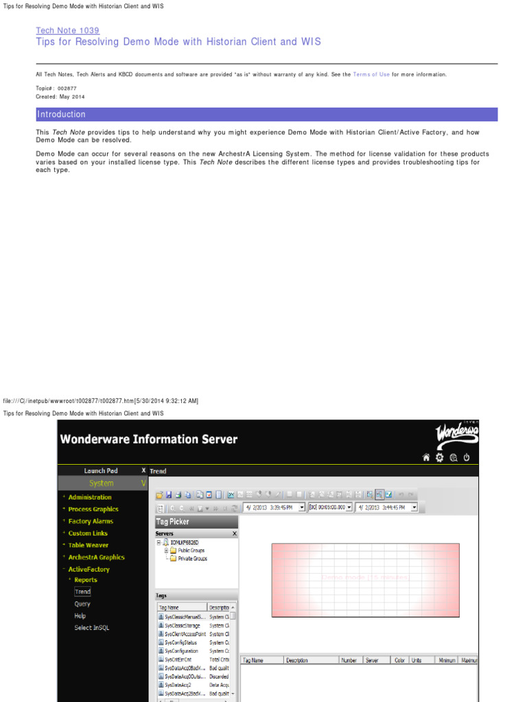Tech Note 1039 - Resolving Demo Mode With Historian Client or WIS | PDF