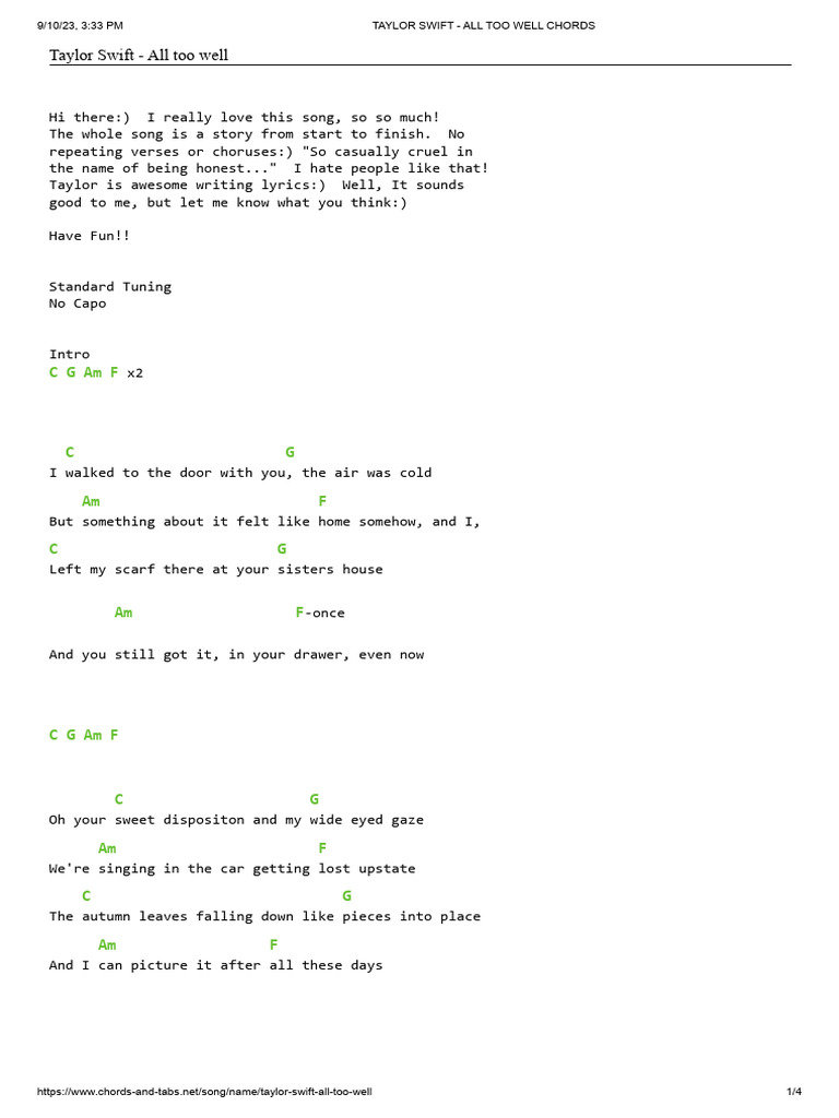 Taylor Swift - All Too Well Chords (C) | PDF