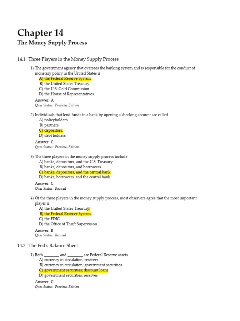 MCQs Chapter 9 - The Money Supply Process | PDF | Monetary Policy ...