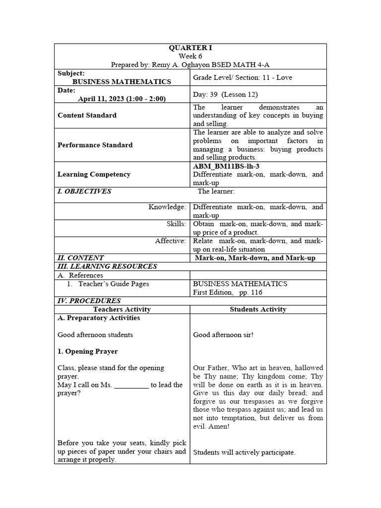Lesson Plan in Business Math (Mark-On) | PDF