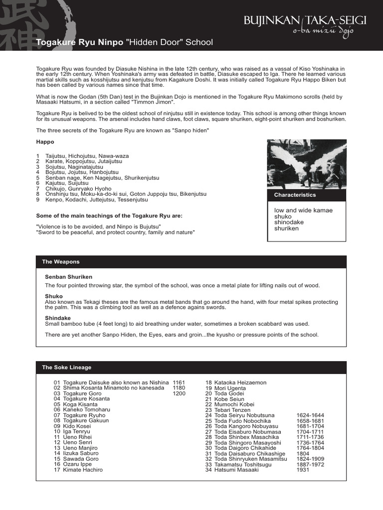 Togakure Ryu Ninpo Hidden Door School | PDF