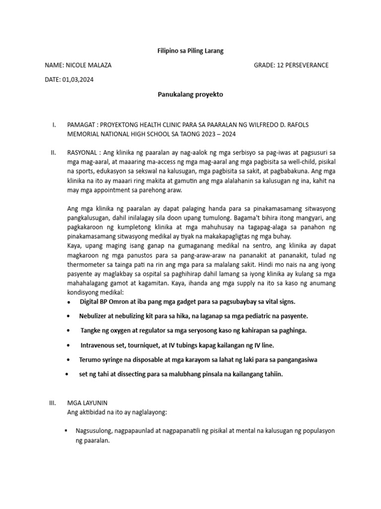 Filipino Sa Piling Larang PROJECT PROPOSAL | PDF