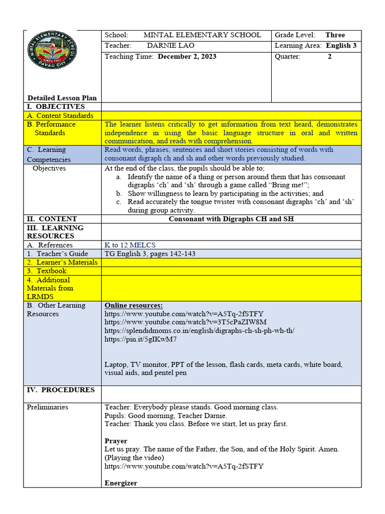English Lesson Plan: CH & SH Digraphs | PDF