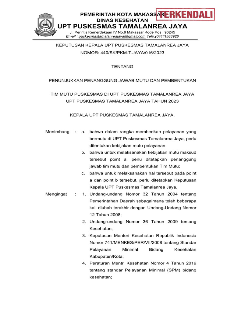 511 A3 SK PJ Mutu - Penetapan Tim Mutu (R, W) | PDF