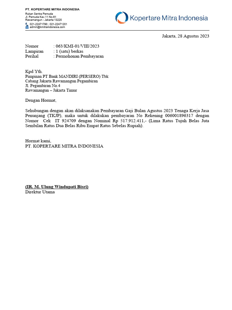 Surat Permohonan Payroll Bank Mandiri | PDF