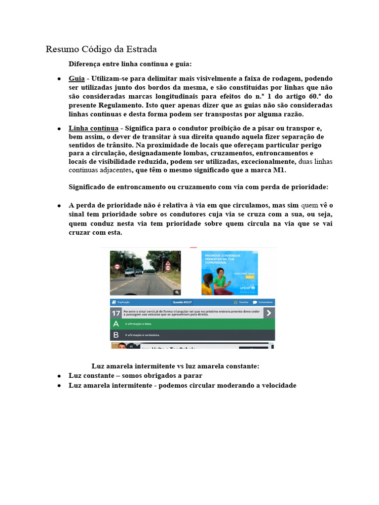 Resumo Código Da Estrada | PDF | Tráfego | Transporte
