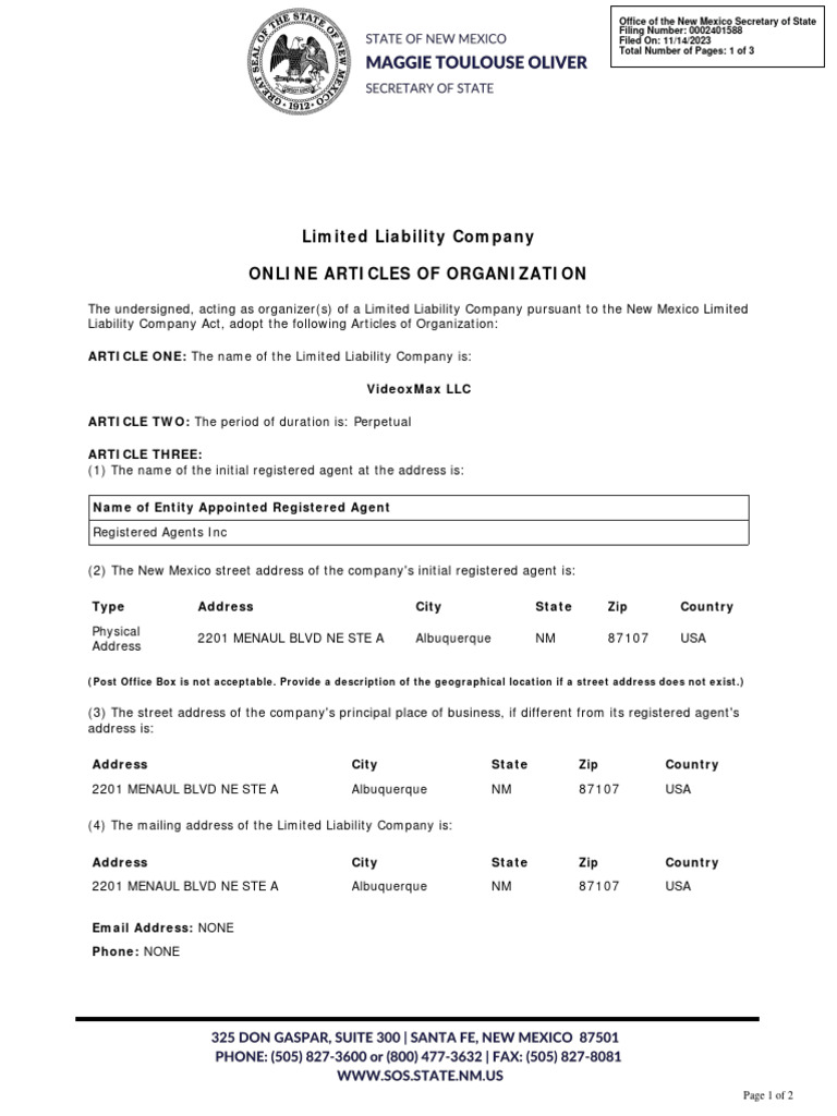 New Mexico LLC Articles of Organization | PDF | Registered Agent ...