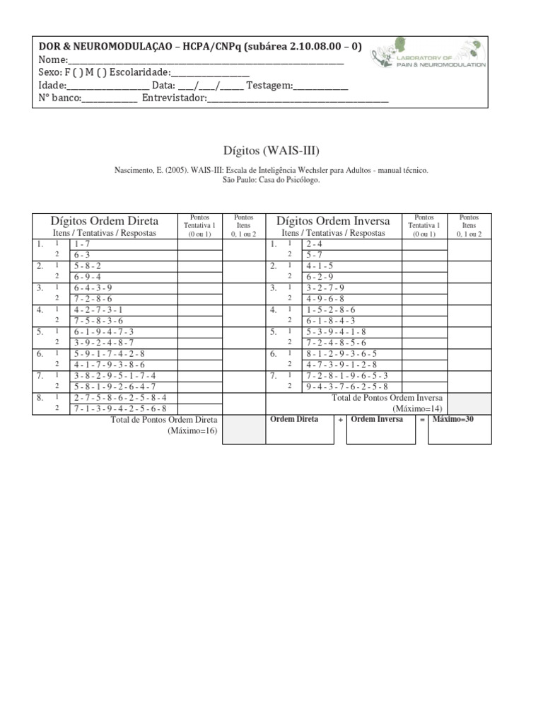 Dígitos Do WAIS-III Prot Resp | PDF
