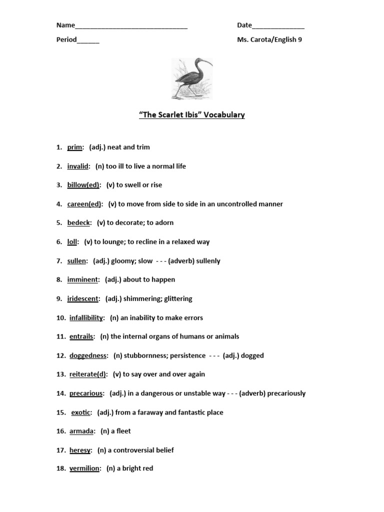 "The Scarlet Ibis" Vocabulary List | PDF | Language Arts & Discipline ...