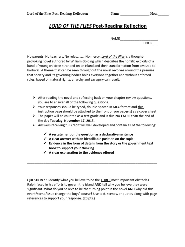 Flynn Final LORD of The FLIES Post-Reading Reflection Revised | PDF | Leadership | Human Nature