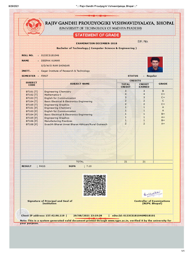 SEM 1 Marksheet | PDF