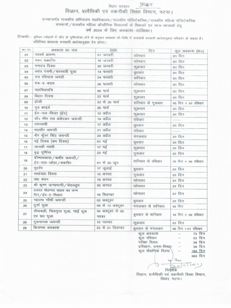 Holiday List 2024 BEU DST Bihar | PDF