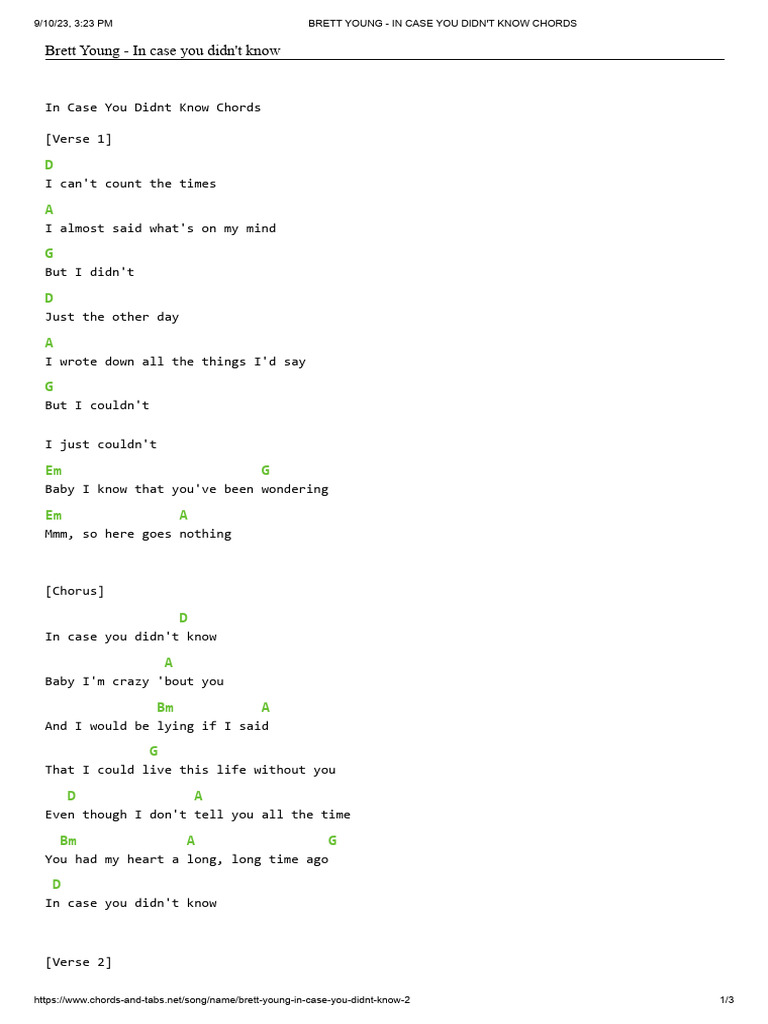 Brett Young - in Case You Didn't Know Chords (D) | Download Free PDF ... Brett Young - in Case You Didn't Know Chords (D) | Download Free PDF ...