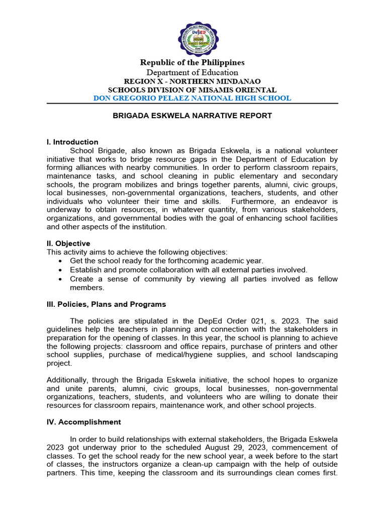 Brigada-Eskwela-Narrative-Report-2023-pinaka-final | PDF