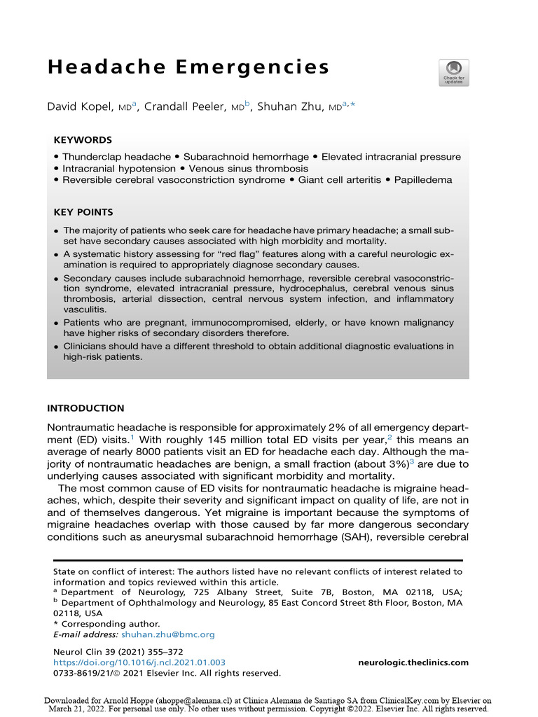 Headache Emergencies - Neurologic Clinic | PDF | Headache | Neurology