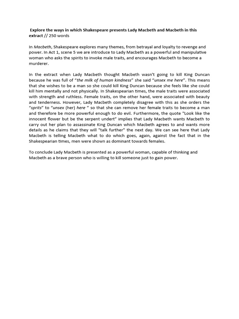 Essay - Shakespeare Presents Lady Macbeth and Macbeth in This Extract ...