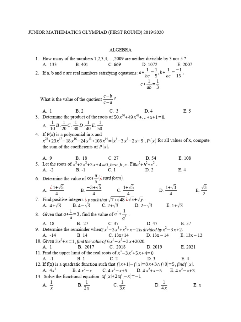 Junior Maths Olympiad 2019-20 | PDF