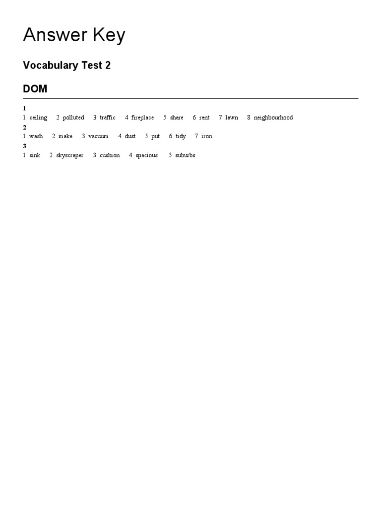 Answer Key: Vocabulary Test 2 DOM | PDF