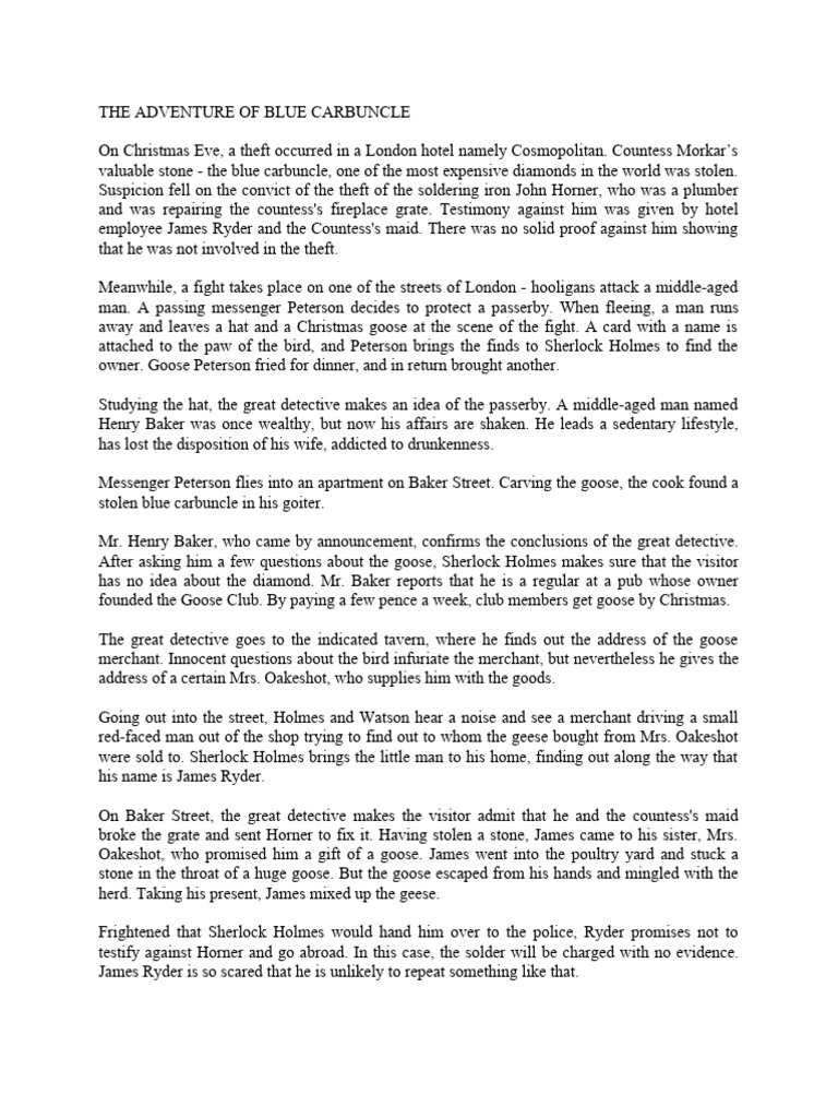THE ADVENTURE OF BLUE CARBUNCLE.summary | PDF | Detective Fiction ...