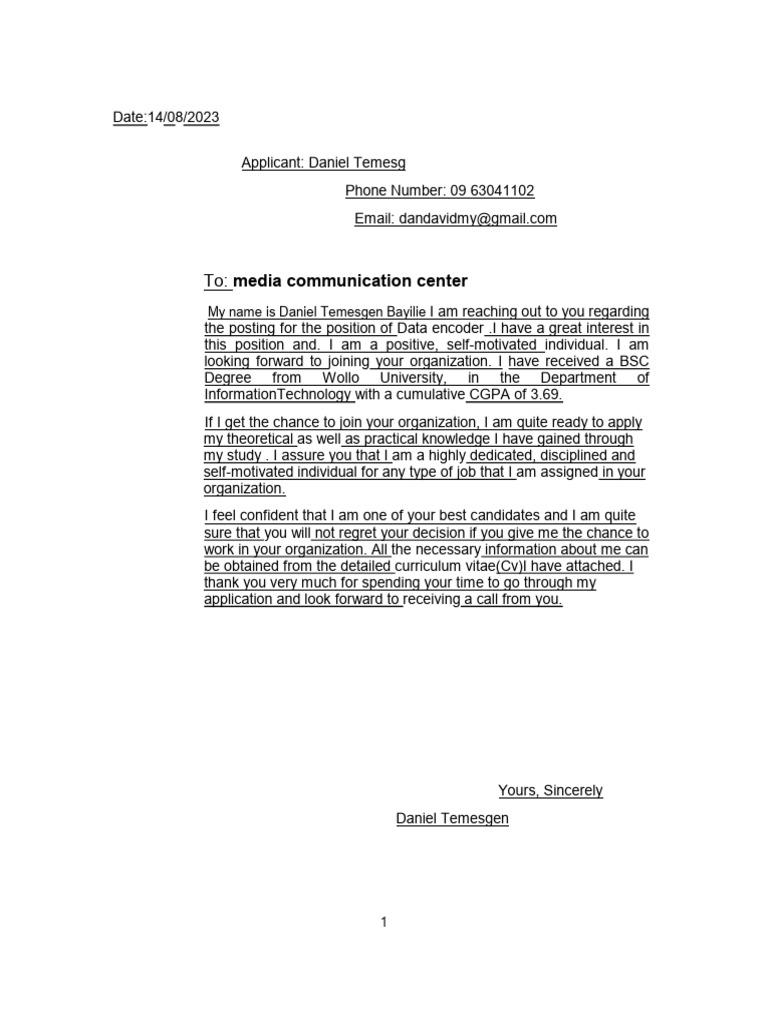 To: Media Communication Center: My Name Is Daniel Temesgen Bayilie ...