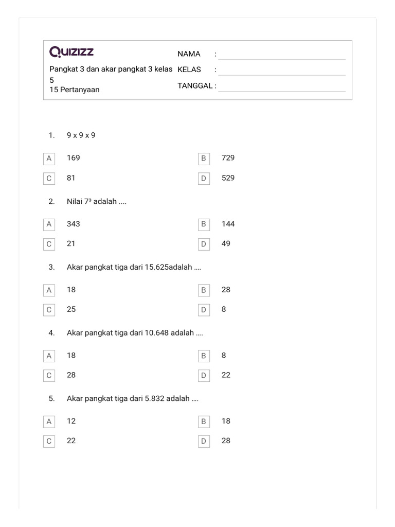 Soal Akar dan Pangkat Kelas 5 SD | PDF