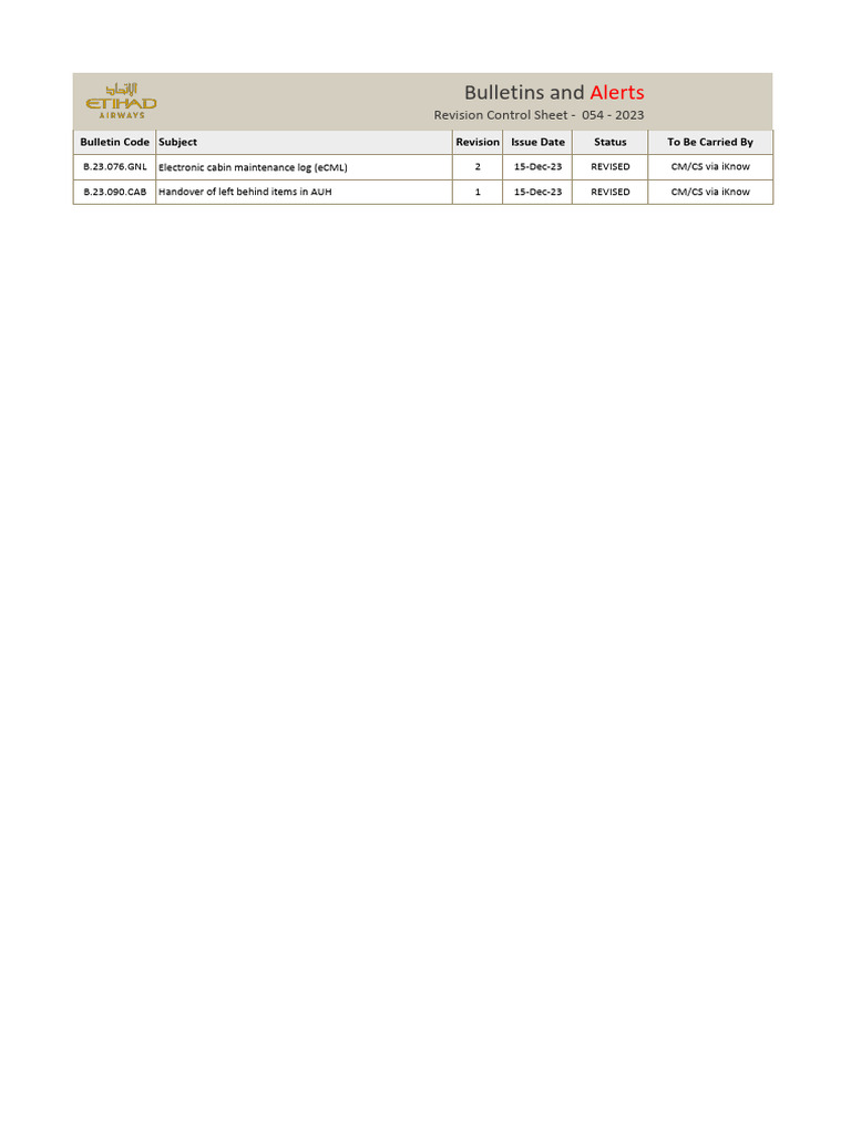 Bulletin Revision 054-2023 - CAB | PDF | Flight Attendant | Aviation