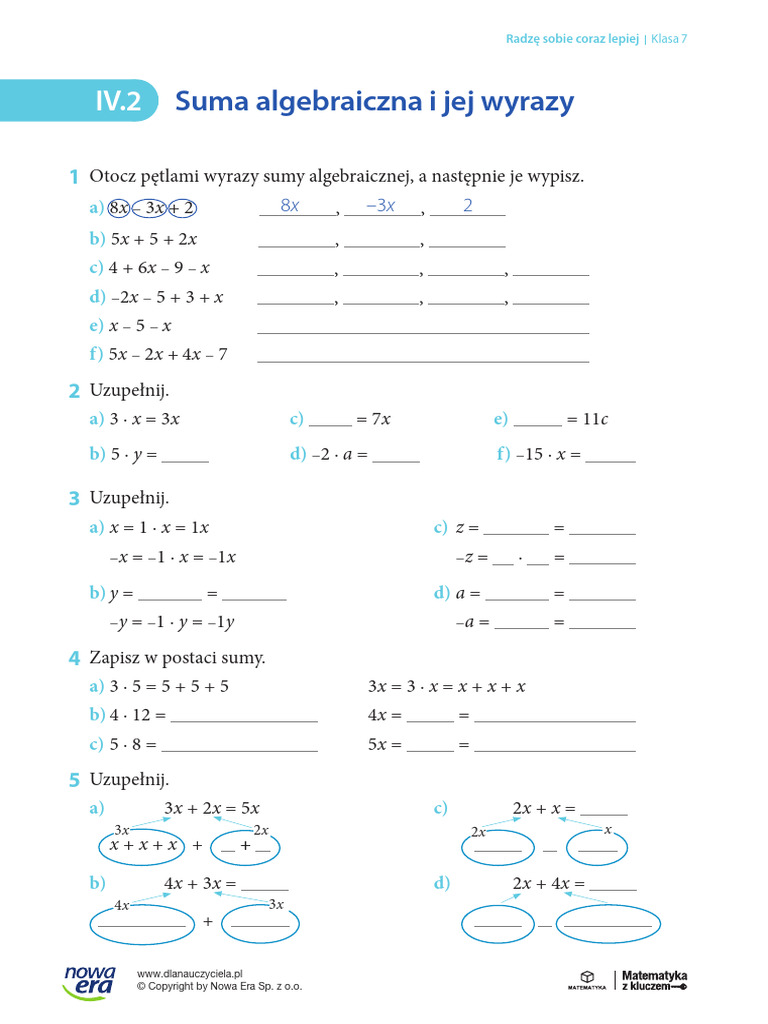 Radze Sobie Coraz Lepiej 7iv2 Suma Algebraiczna I Jej Wyrazy | PDF